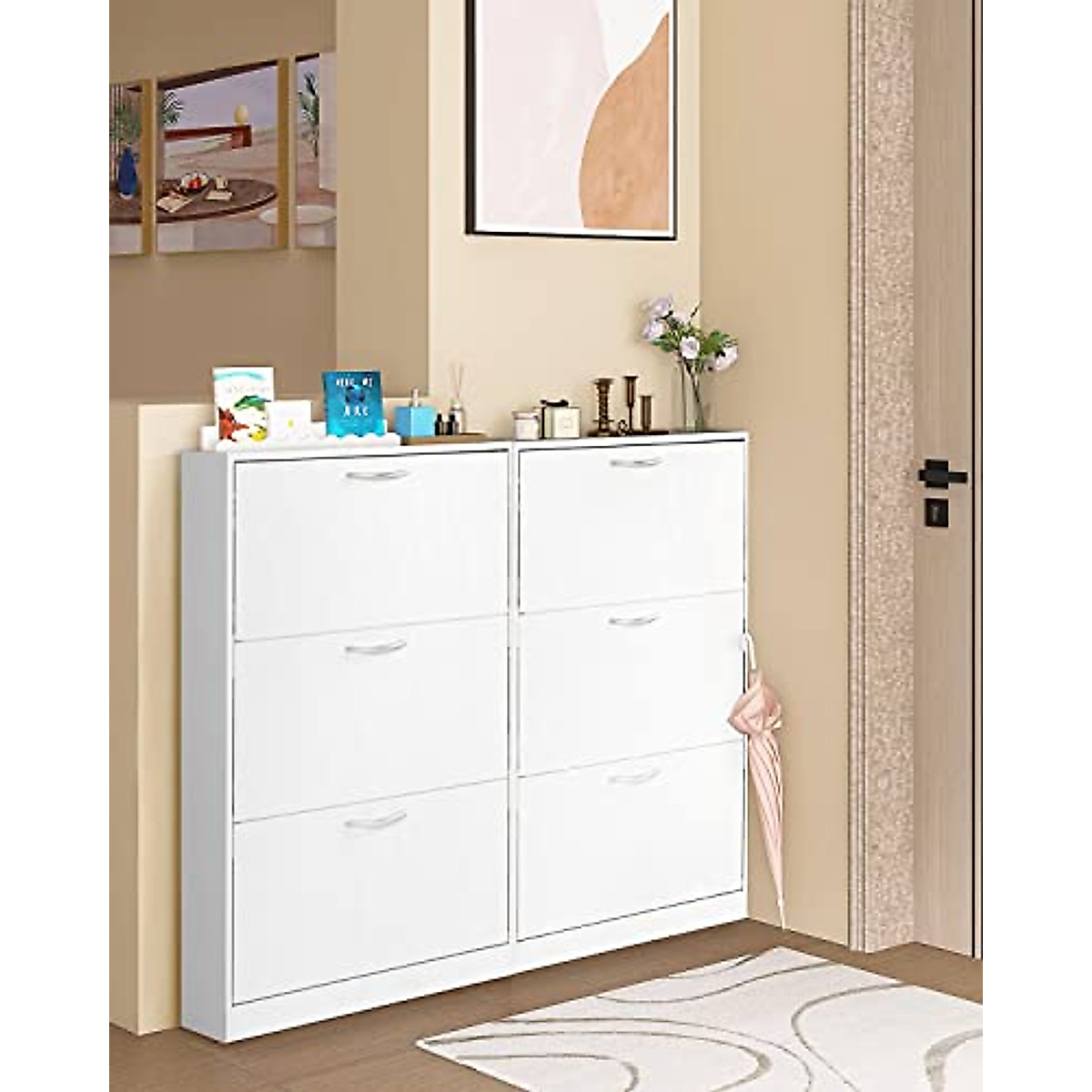 HOPUBUY Narrow Shoe Cabinet for Entryway, White Shoe Storage Cabinet, Slim Flip Down Shoe Rack 3 Tier Shoe Organizer for Home and Apartment