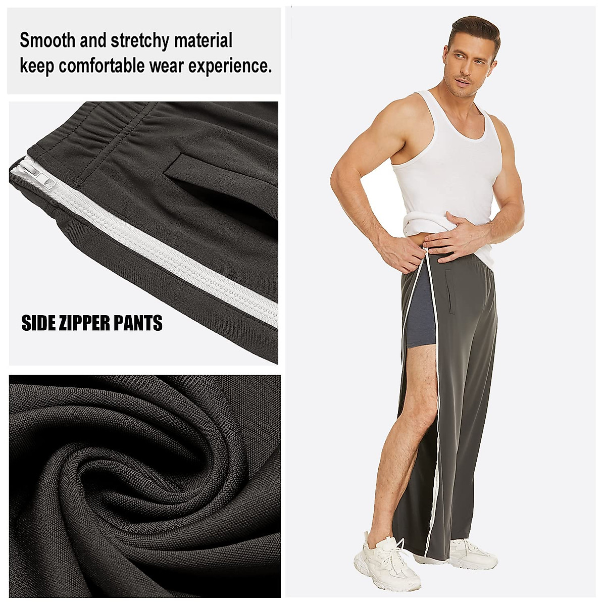 Deyeek Mens Tear Away Basketball Pants 2 Side Zippers Snap Off Full Open Down Sweatpants Leg Post Surgery Pant with Pockets Grey