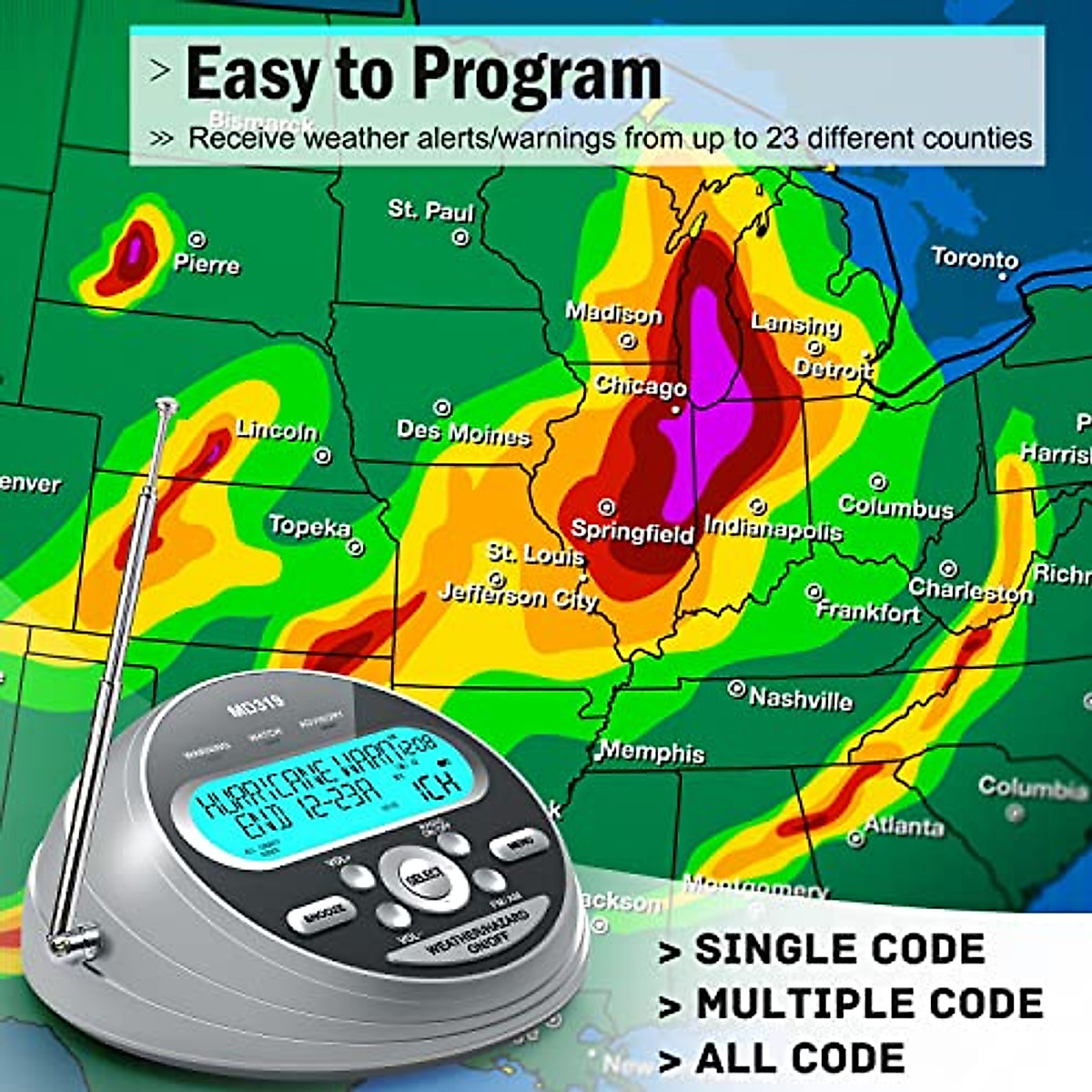【2023 Newest 】 Emergency Weather Alert Radio-S.A.M.E. Localized Programming, 80+ Emergency Alerts, Large Display,Alarm Clock &NOAA Weather Radio with Battery Backup for Emergency