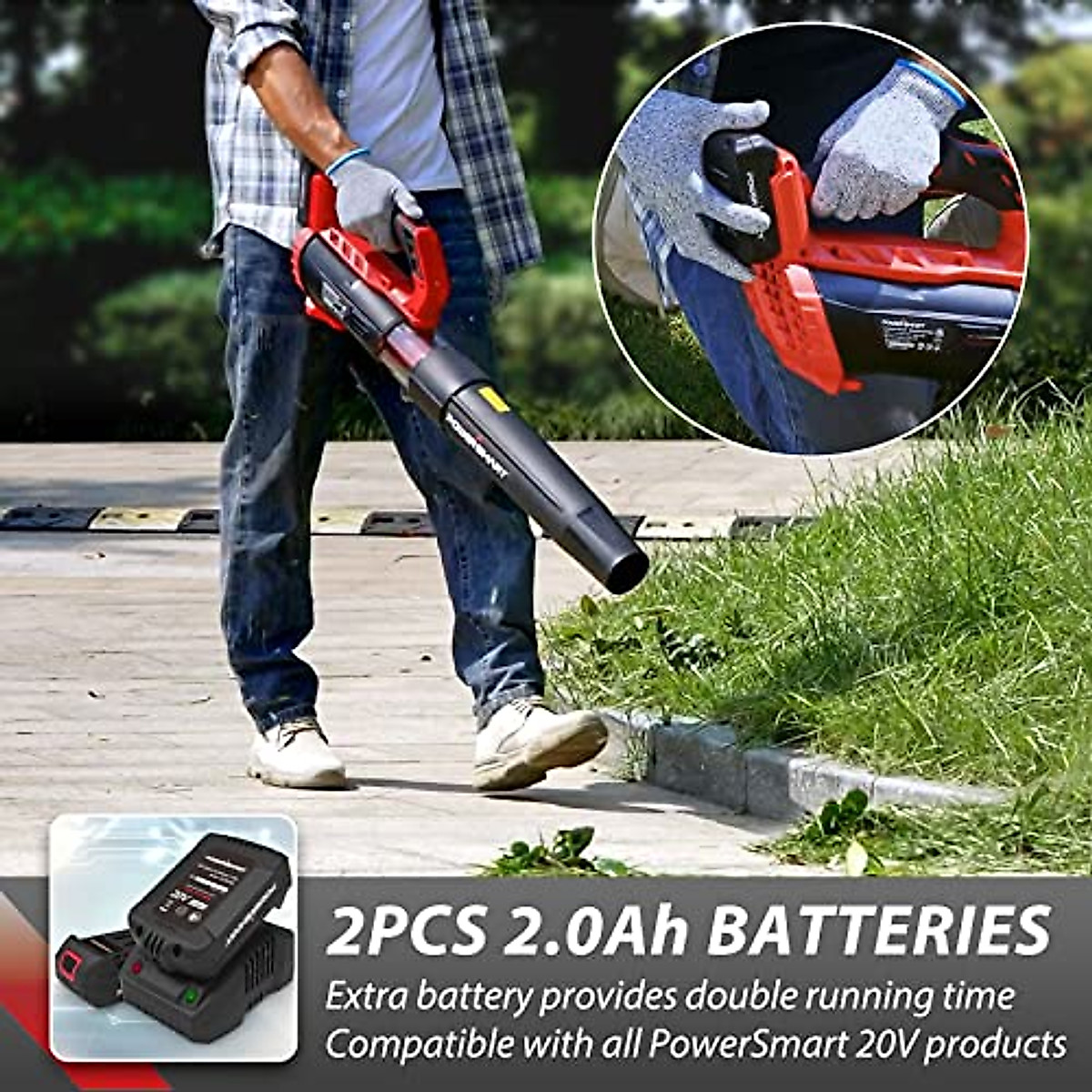 PowerSmart 20V Cordless Leaf Blower with 2PCS 1.5Ah Battery and Charger, Blowers for Lawn Care, Snow Blowing & Yard Cleaning