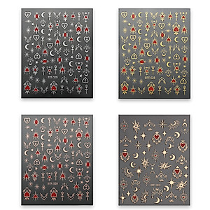 8 Sheets Gold Sun Star Nail Art Stickers Bronzing Moon Nail Decals 3D Self-Adhesive Red Heart Nail Stickers Exquisite Glitter Rose Gold Silver Star Moon Design Women Girls for DIY Nail Decorations