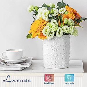 LOVECASA Extra Large Kitchen Utensil Holder, 7.4" Ceramic Utensil Holder For Kitchen Countertop With Heavy And Sturdy Base, Farmhouse Utensil Holder For Kitchen Décor, Utensil Crock Organizer, White