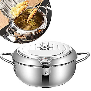 Stainless Steel Deep Fryer, 9.5 Inch Temperature Control Fryer with Lid and Oil Drip Rack, Tempura Frying Pot for Kitchen Cooking (3.2L/304)