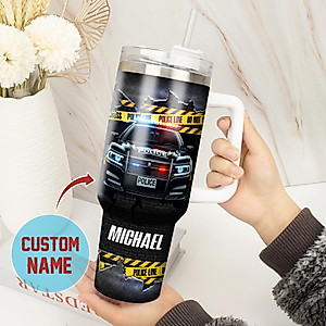 WAZONE Personalized Police Car Tumbler With Lid Custom Name Insulated Travel Mug Tumbler 40oz with Handle and Straw Gifts For Retirement Officers Retired Officer Men Women On Birthday