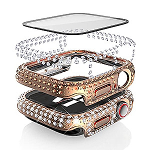 Fullife 3-Pack Crystal Diamond Bling Cases Compatible with Apple Watch 40mm Protective Bumper with Tempered Glass Protector for iWatch Series 6 5 4 SE, Rosegold/Rainbow/Clear