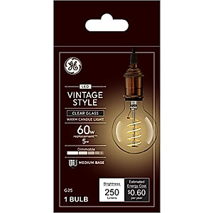 GE Lighting VintaStyle LED Globe Light Bulb, 5 Watt (60 Watt Equivalent) Warm Candle Light, Clear Glass, Medium Base, Dimmable (1 Pack)