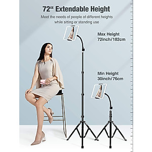 elitehood Metal iPad Tripod Stand & Adjustable 72’’ Gooseneck Tablet Floor Stand Holder, Heavy Duty Aluminum iPad Floor Stand for iPad Pro 12.9 11, Mini, Air, iPhone and 4.7-12.9" Tablets Cell Phones