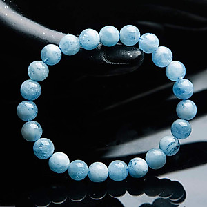 Muko Gemstone Genuine Natural Blue Aquamarine Clear Crystal Stretch Round Bead Bracelet 8mm for Women Men AAAA