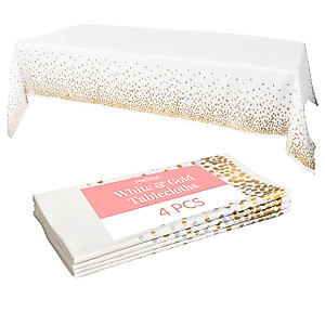 White Plastic Tablecloth - 4 Pack - 54 X 108 | Gold Dot Disposable Tablecloths | Plastic Tablecloth | White Tablecloths | Plastic Table Cover | Gold Tablecloths | Gold Party Decorations