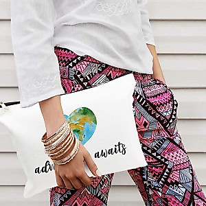 Cokosoxo Travel Bag Adventure Awaits Cosmetic Bag Nature Linen Cotton World Map Makeup Case Great Gift for Women Friends Bestie Daughter Graduation Friendship Birthday Gifts,10x7.5 Inch