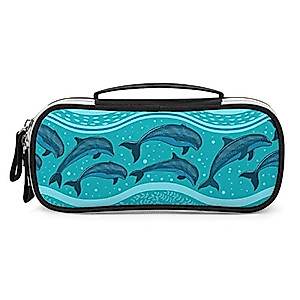 Dolphins in The Sea PU Leather Pencil Pen Case Organizer Travel Makeup Handbag Portable Stationery Bag