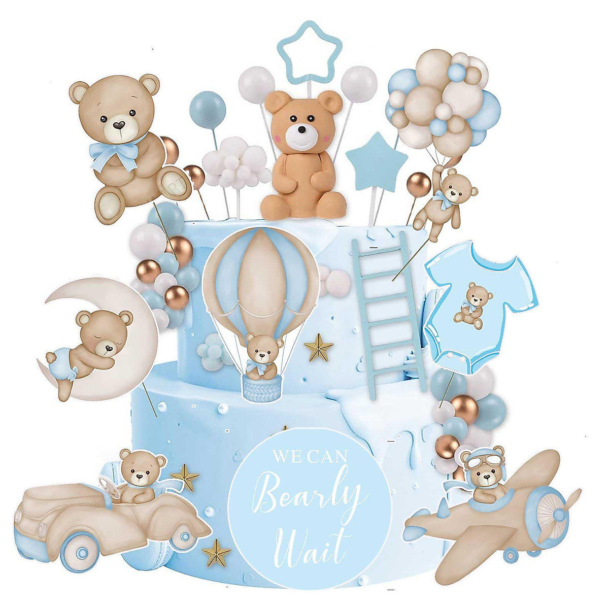 Zliisang 16Pcs Bearly Wait Baby Shower Cake Toppers We Can Bearly Wait Baby Shower Centerpieces Cake Toppers Decorations Boy Bear Baby Shower Party Decorations Bear Cake Toppers Decorations