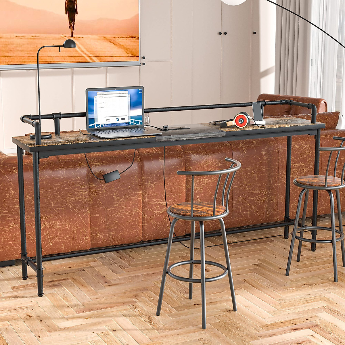 VECELO 55 Inch Console/Sofa Table with Charging Station&Power Outlet, Narrow Industrial Behind Couch, for Entryway, Hallway, Living Room, Foyer, 55inches, Grey Oak