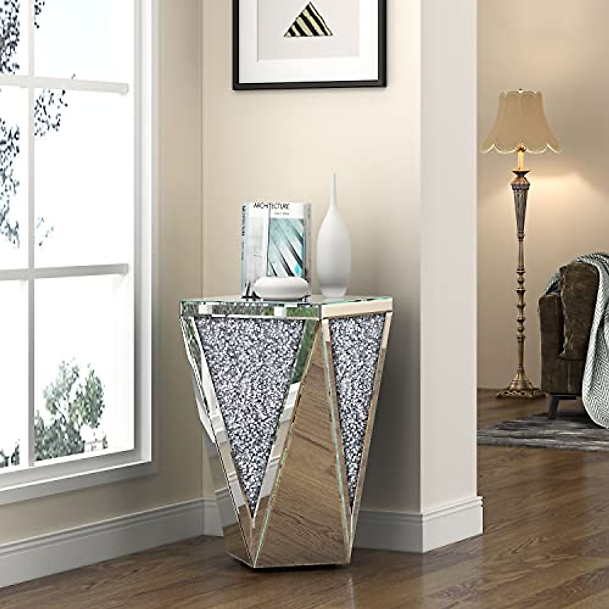 ENENE Mirrored End Table Crystal Diamond Setting Coffee Table Silver Glass Side Table Pedestal Stand for Hallway, Living Room, Corner, Bedroom, Sofa