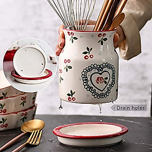 Ceramic Utensil Holder Vintage Style Kitchen Utensil Caddy Antique Design Cooking Utensil Organizer Country Style Utensil Crock for Cooking Enthuziast,White