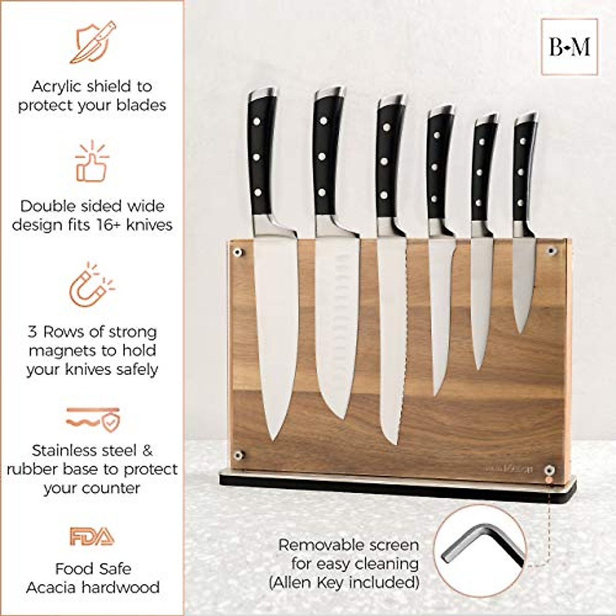 Stylish Large Magnetic Knife Holder - Holds 16+ Knives | Acacia Wooden Knife Block Without Knives | Wide Kitchen Magnetic Knife Holder | Double Sided Kitchen Knife Storage Organizer Block