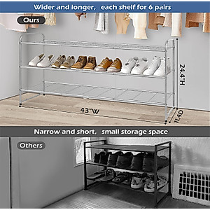 KEETDY 3-Tier Long Shoe Rack for Closet Metal Shoe Organizer for Entryway, Wide Stackable Shoe Storage Shelf with Sturdy Wire Grid for Closet Floor, Bedroom, Grey…