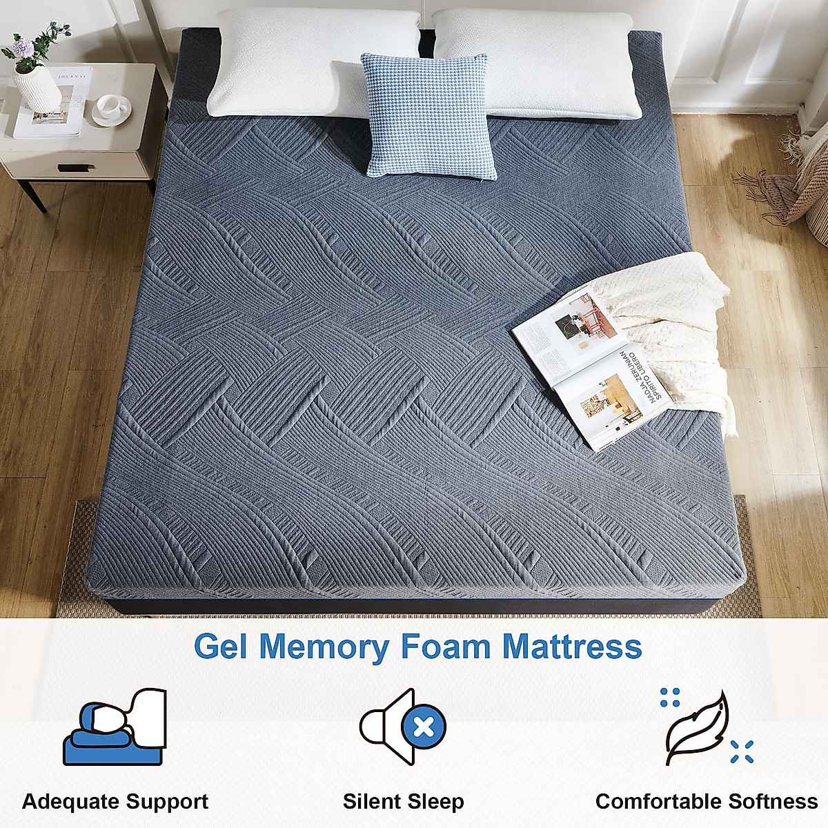 Natulliy Queen Mattress 10 Inch Gel Memory Foam Mattress in a Box, Firm Support, Removable Cover, Fits Various Bed Frames,Non-Fiberglass Queen Size Mattress Grey