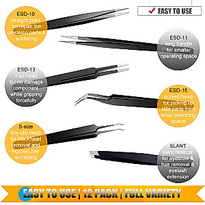 Antonki 12 Pack Precision Tweezers Set, Point and Slant Metal Tweezer Kits for Craft, Soldering, Jewelry, Ingrown Hair, Eyelash Extension, Eyebrow - with Case