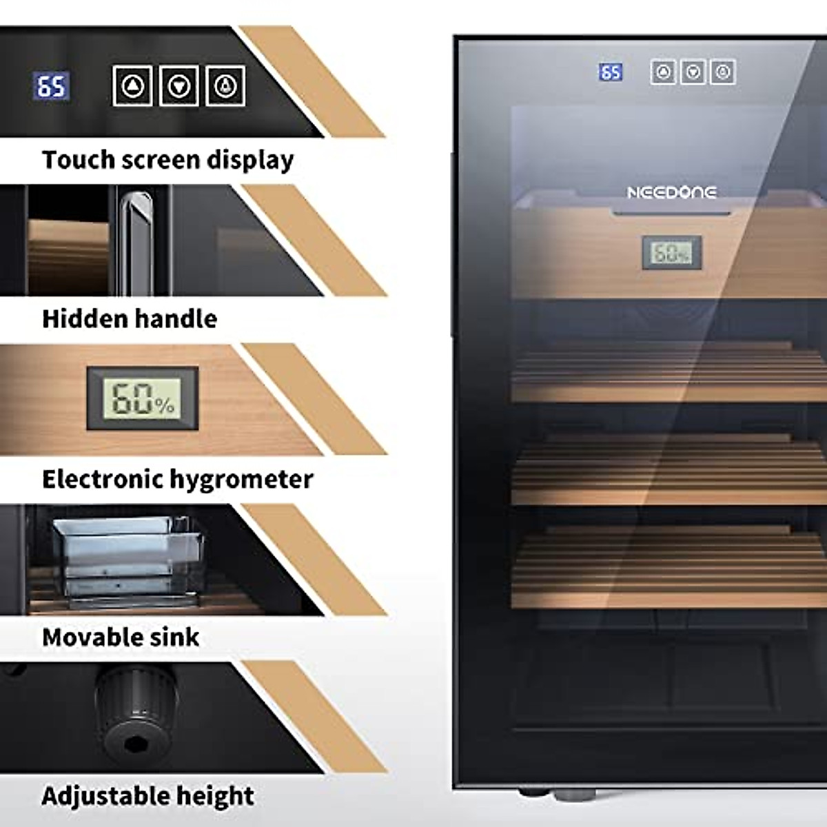 NEEDONE 350 Count Electric Cooler Cabinet, Made with Spanish Cedar Wood Shelves & Drawer with Hygrometer, Freestanding Refrigerator Quiet Operation, LED Lighting, 48 Liter, Gift for Men