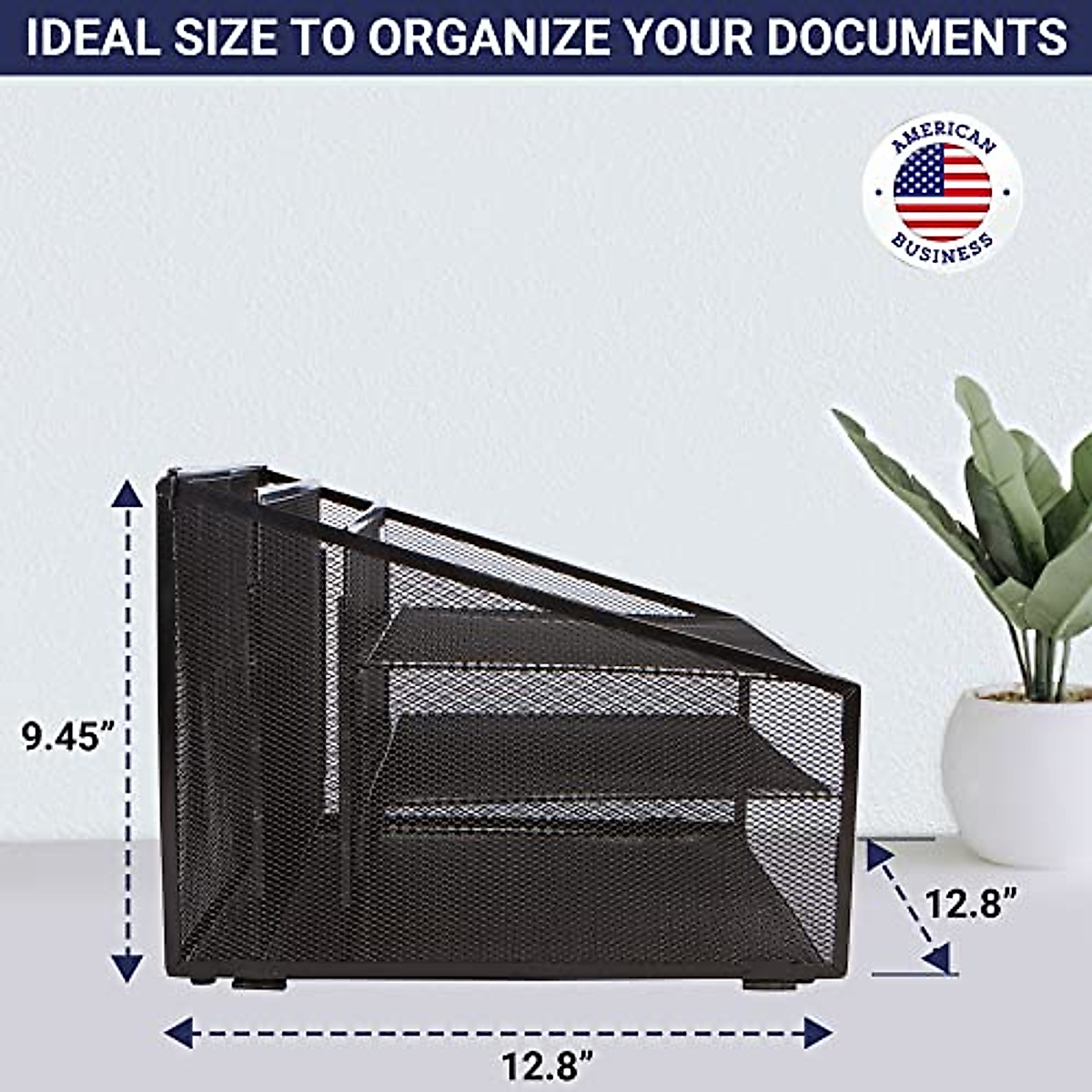 Office Desk Organizer Metal Mesh with 3 Paper Trays and 2 Vertical Upright Sections, Desktop File Holder for Letter Size A4, Folders, Stationary, and Desk Accessories