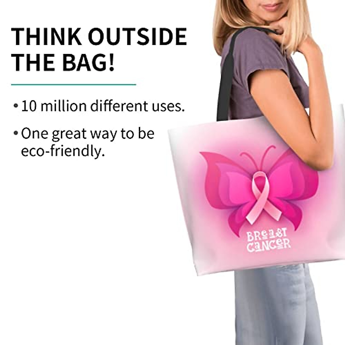 Ribbon Butterfly Breast Cancer Awareness Tote Bag For Women,Womens Tote Bags,Waterproof Tote Purse for Teacher,Gym,Work,School with interior Pocket