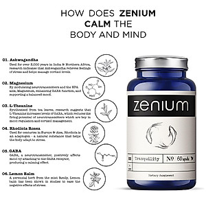 Zenium - Relieve Stress, Tension, Worry, Nervousness, & Irritability | Calm The Mind & Body | Ayurvedic | Natural Relief Supplement | Boosts Mood | Ashwagandha, L-Theanine, GABA, Rhodiola |60 Capsules