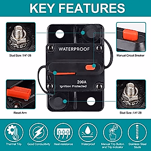 200 Amp Circuit Breaker,with Manual Reset,Waterproof, 12V-48V DC, 30-308A,for Car Marine Trolling Motors Boat ATV Manual Power Protect for Audio System Fuse (JTST0010)
