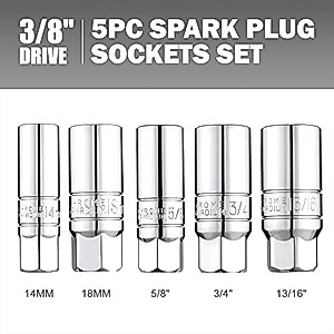 DNA MOTORING 5-Pcs 3/8-inch Drive Spark Plug Socket Set - 5/8" 3/4", 13/16", 14mm, 18mm, SAE & Metric, Cr-V,TOOLS-00152