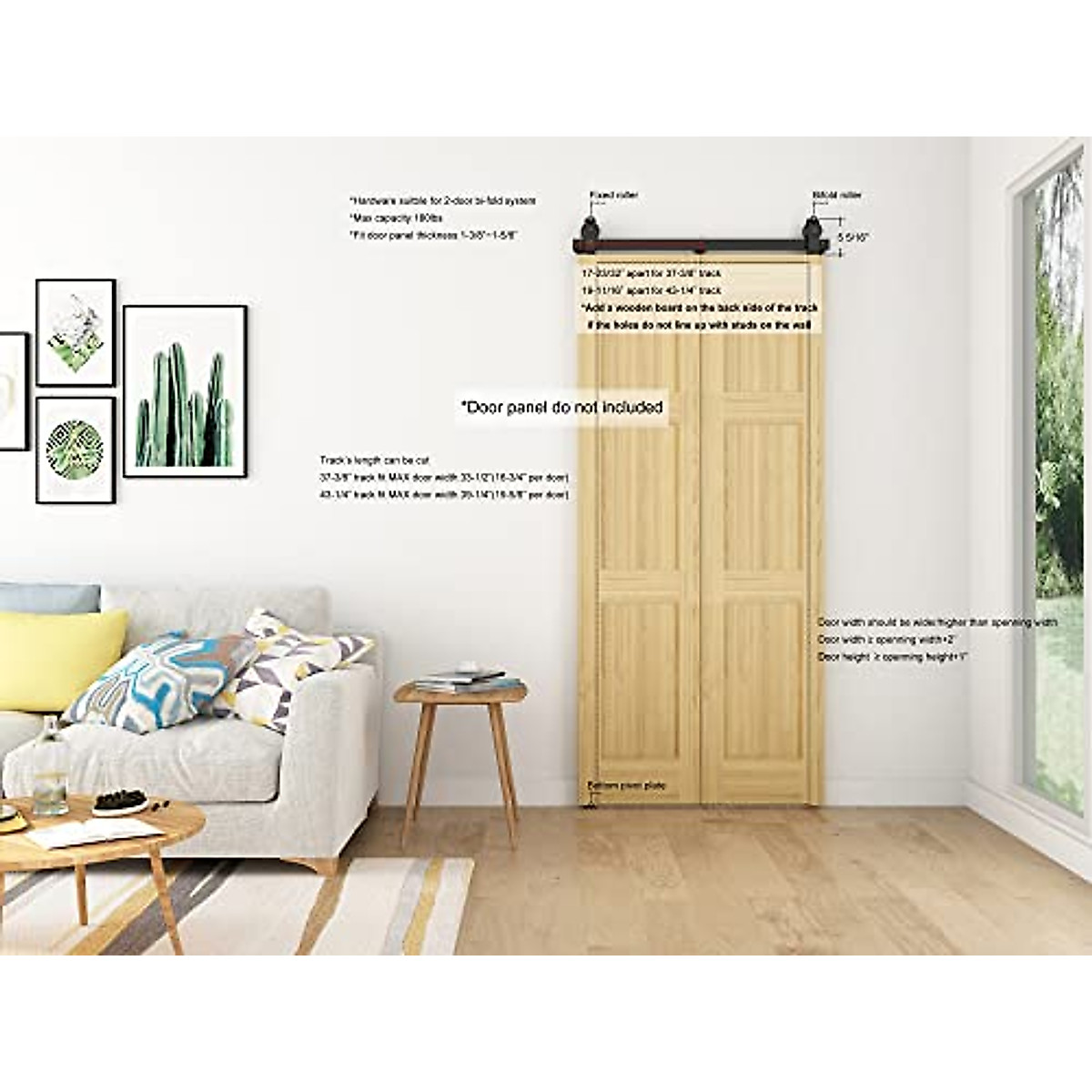 HARDJULAN 37-3/8in Bi-fold Barn Door Hardware,Heavy Duty Black Track Top Mount Kit for 2 Doors(No Door)