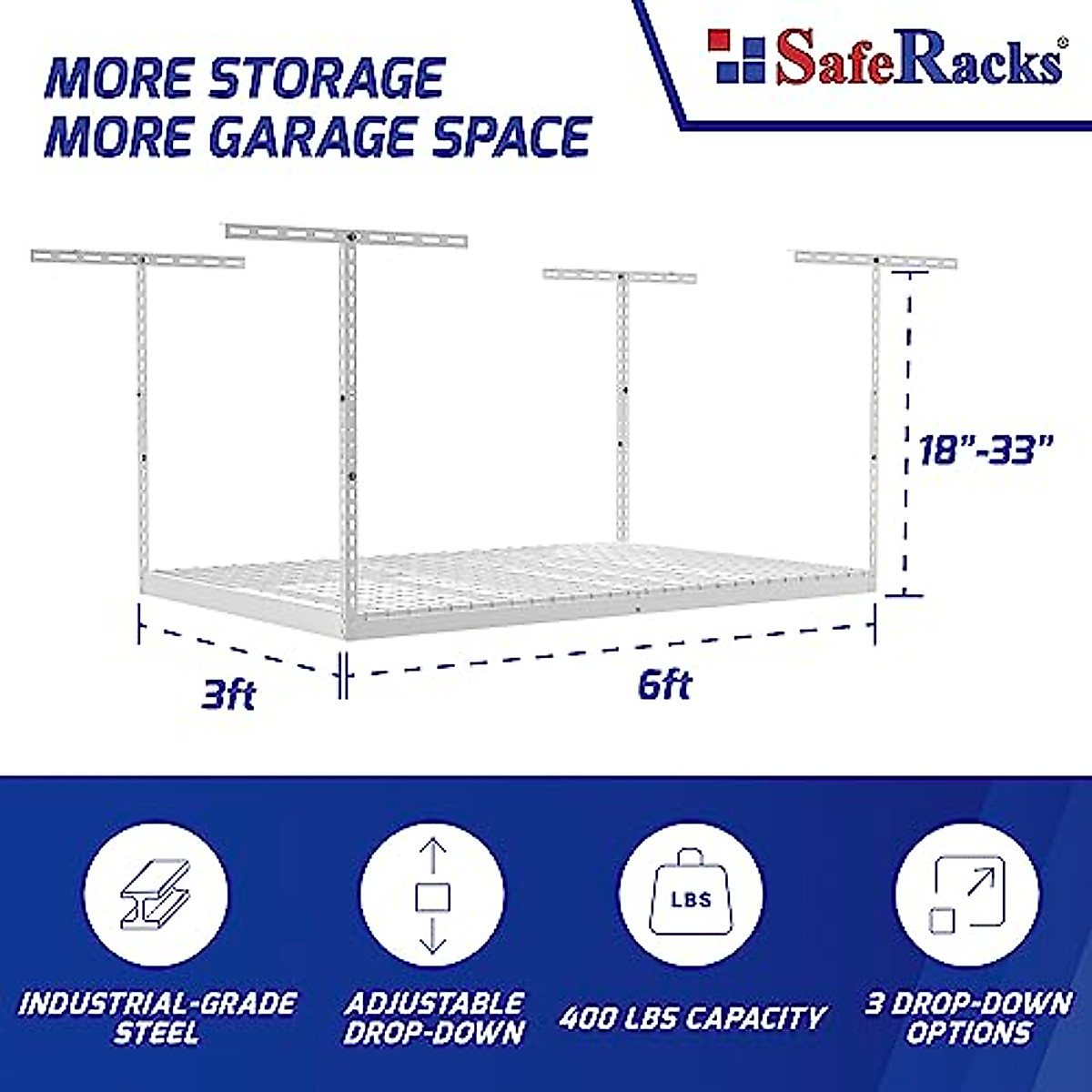 SafeRacks Overhead Garage Storage Rack - Heavy Duty Racks for Garage with 400 lb Capacity, Easy Garage Shelving, Adjustable Storage Rack, Ceiling Mount Storage Shelves 3x6 White (18"-33")