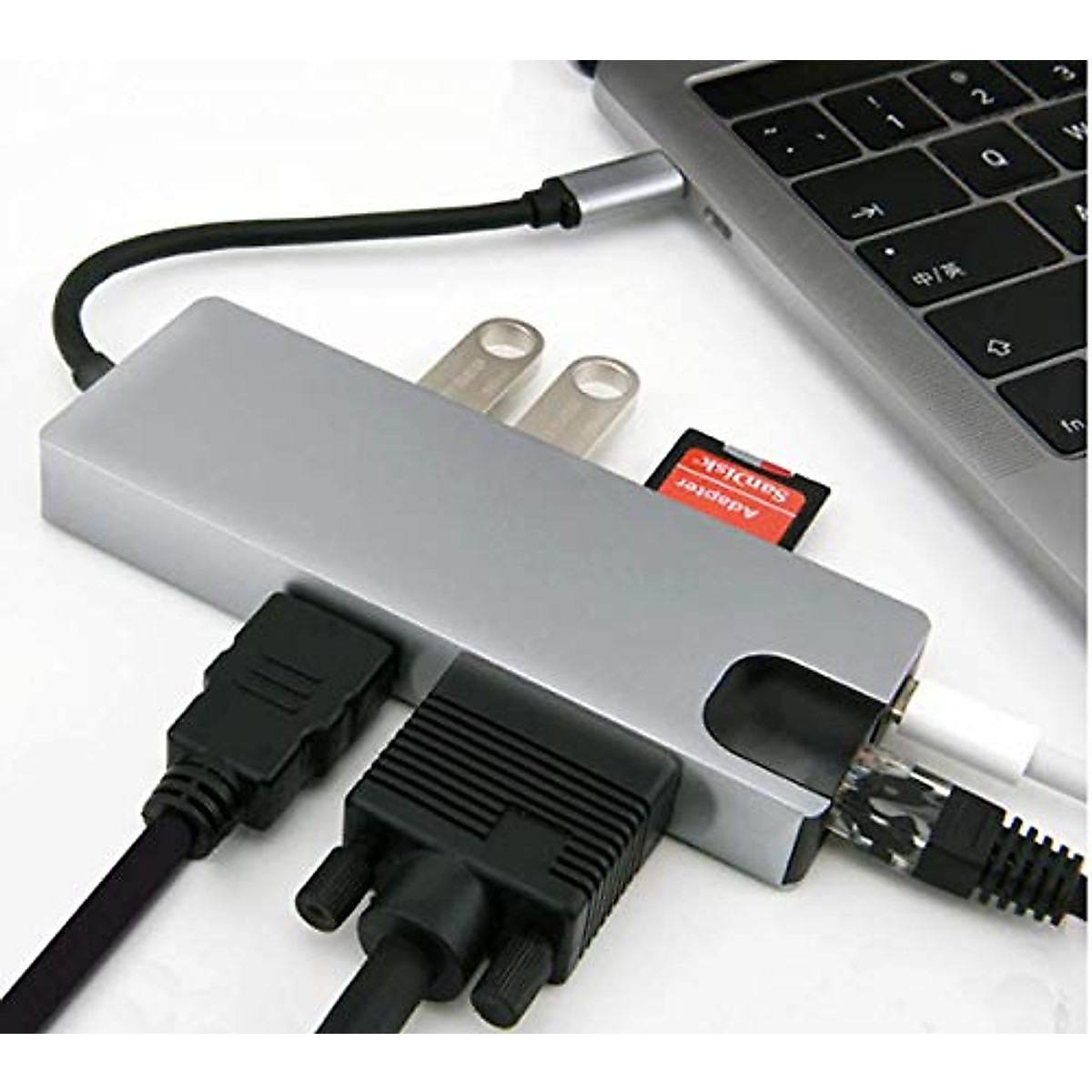 Pocket-Sise Design Multi-fuction 8 in 1 USB 3.1 Type C Adapter Docking Station Combo (Aluminum Alloy Made) with PD Charge/USB 3.0X2/1000M Gigabit LAN/4K HDMI/VGA/TF/SD