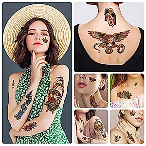 77 sheets Classic Temporary Tattoos Old School Tattoos Stickers, Sailor Jerry Style Vintage Design Fake Tattoo, American Traditional Flower Rose Arm Temporary Tattoos for Women Men Adults Kids