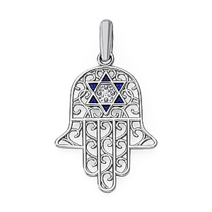 Pome Hamsa Hand Pendant Necklace with CZ Stone in Sterling Silver, Cubic Zirconia Necklace, Blue Enamel, Made in America (Pendant Only)