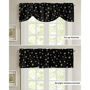Tie Up Valance Curtains for Window, Gold Snowflakes Curtain Valance Adjustable Balloon Shade Window Valance for Living Room Bedroom Short Curtain Seasonal Winter Christmas Black Backdrop 42"x12"