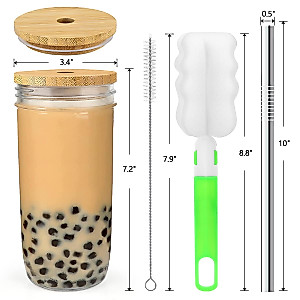 [ 4 Pack ] Glass Cups Set - 24oz Mason Jar with Straw Reusable Wide Mouth Bubble Smoothie Bobo Iced Coffee Cup w 12 Airtight Lids Brush,Tumbler Drinking Bottle for Pearl Tea, Juice