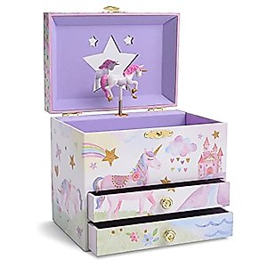 Jewelkeeper Musical Jewelry Box with 2 Pullout Drawers, Glitter Rainbow and Stars Unicorn Design, The Beautiful Dreamer Tune