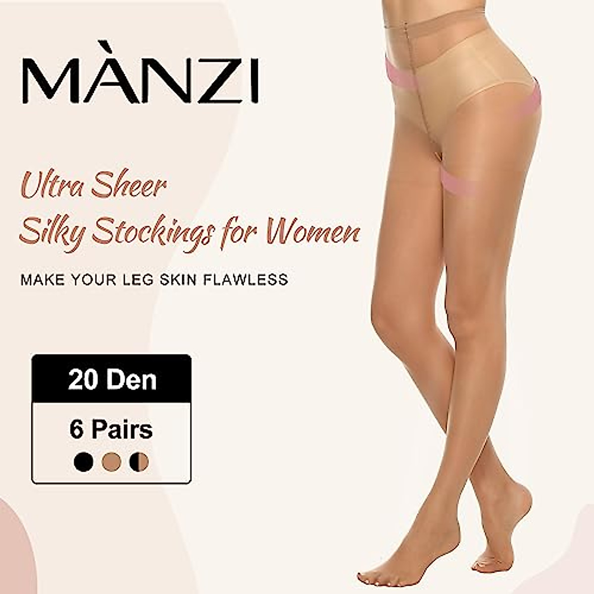 MANZI 6 Pairs Women's 20D Sheer Silky Pantyhose Run Resistant Nylon Tights High Waist Stockings with Control Top (6 Natural,M)