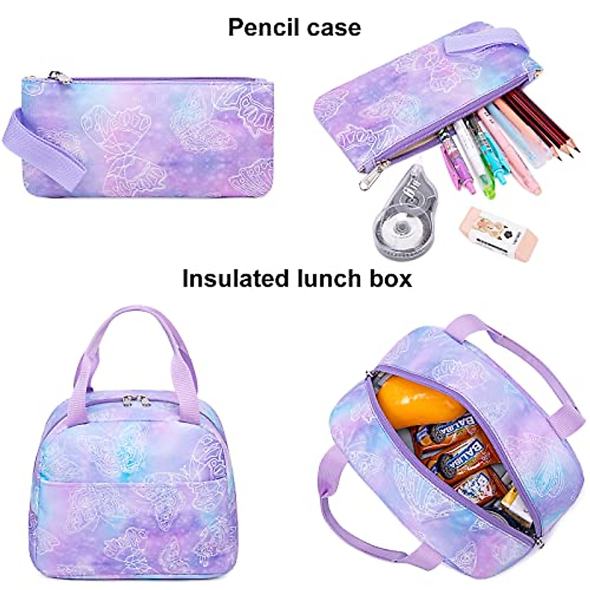 CAMTOP School Backpack for Girls Teens Bookbag Set Kids Backpack 3 In 1,School Bags with Lunch Box Pencil Case for Age 6-14 (Butterfly-Luminous)