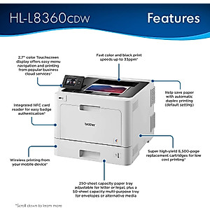 Brother HL-L8360CDW Business Color Laser Printer, 33ppm, Ethernet, 2.7” Color Touch LCD, Auto 2-Sided Printing, NFC Connectivity, PCM