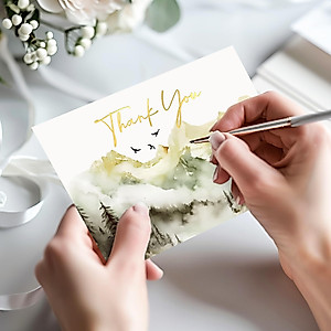 Whaline 48 Pack Watercolor Forest Thank You Card with Envelope Sticker Gold Foil Green Mountains Lake Bird Greeting Cards Blank Note Cards for Baby Shower Birthday Wedding, 4 x 6 Inch