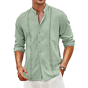 COOFANDY Men's Mandarin Collar Shirts Linen Casual Long Sleeve Button Down Shirt Summer Beach Wedding Shirt Mint Green