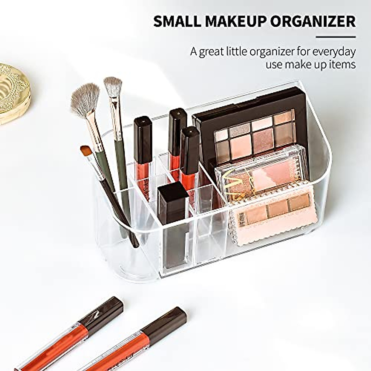 YOHOM Small Clear Makeup Organizer Tray Vanity Cosmetic Brush Holder Storage Box 9-Compartments Countertop Lipstick collection Display Case with 2 Dividers Plastic