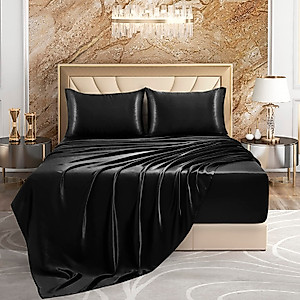 VACVELT 4pcs Extra Deep Pocket Satin Sheets Queen Size Bed Set, Black Satin Sheet Set Fit 18-24 Inch Deep Pocket Mattress, Silky & Luxury Satin Bedding Set Soft & Ultra Deep Fitted Sheet Set