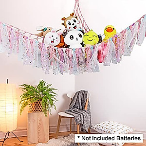 Stuffed Animal Net or Hammock with LED Light, Toy Hammock Hanging Stuffed Animal Storage Organizer Holder Room Décor with Tassels for Nursery Play Room Kids Bedroom (Pink)