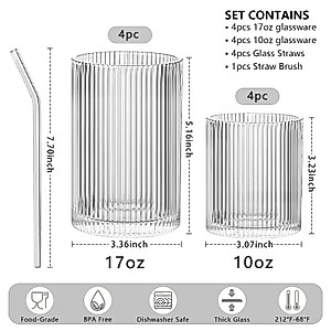 INSETLAN Set of 8 Ribbed Glassware - 4 Large Glasses 17 oz, 4 Rocks Glass Cups 10 oz, Vintage Glassware Cocktail Glasses, Ideal for Beer, Juice, Water, Ice Coffee Cup, Whiskey, Mixed Drinkware