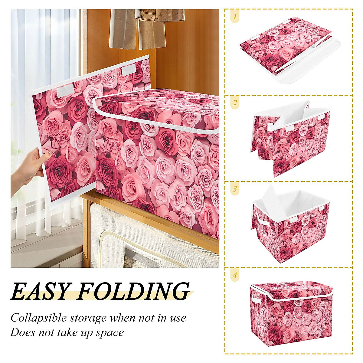 Vnurnrn Collapsible Storage Bins with Lids, Pink Roses Foldable Storage Boxes, Storage Box Cube with Lid for Clothes,Bedroom,Toys,16.5x12.6x11.8 Inch