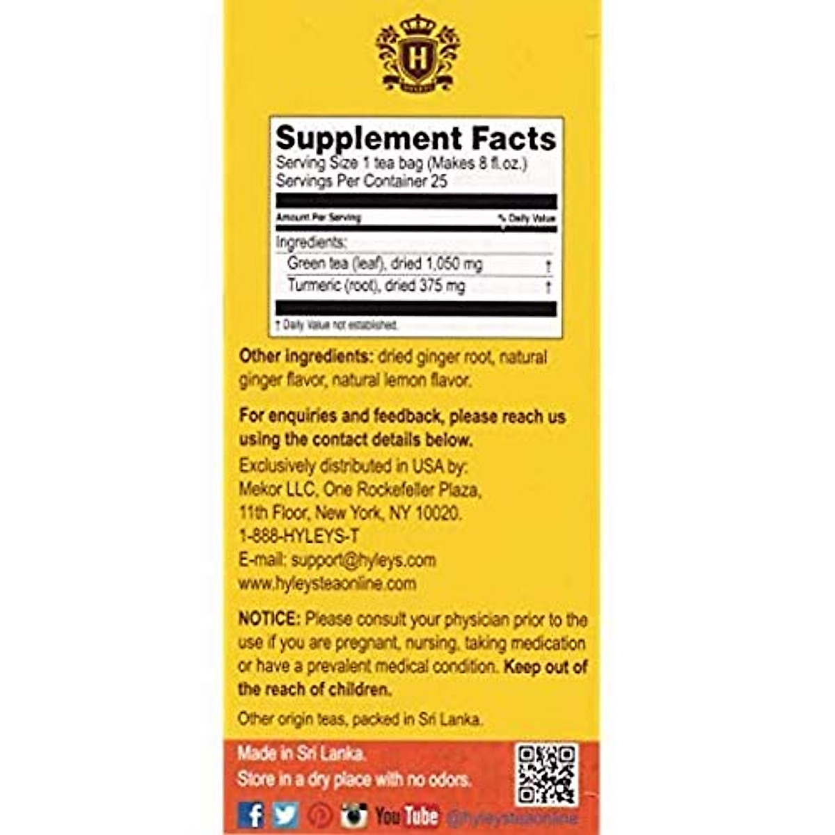 Hyleys Turmeric with Green Tea Ginger & Lemon Flavor - 25 Tea Bags