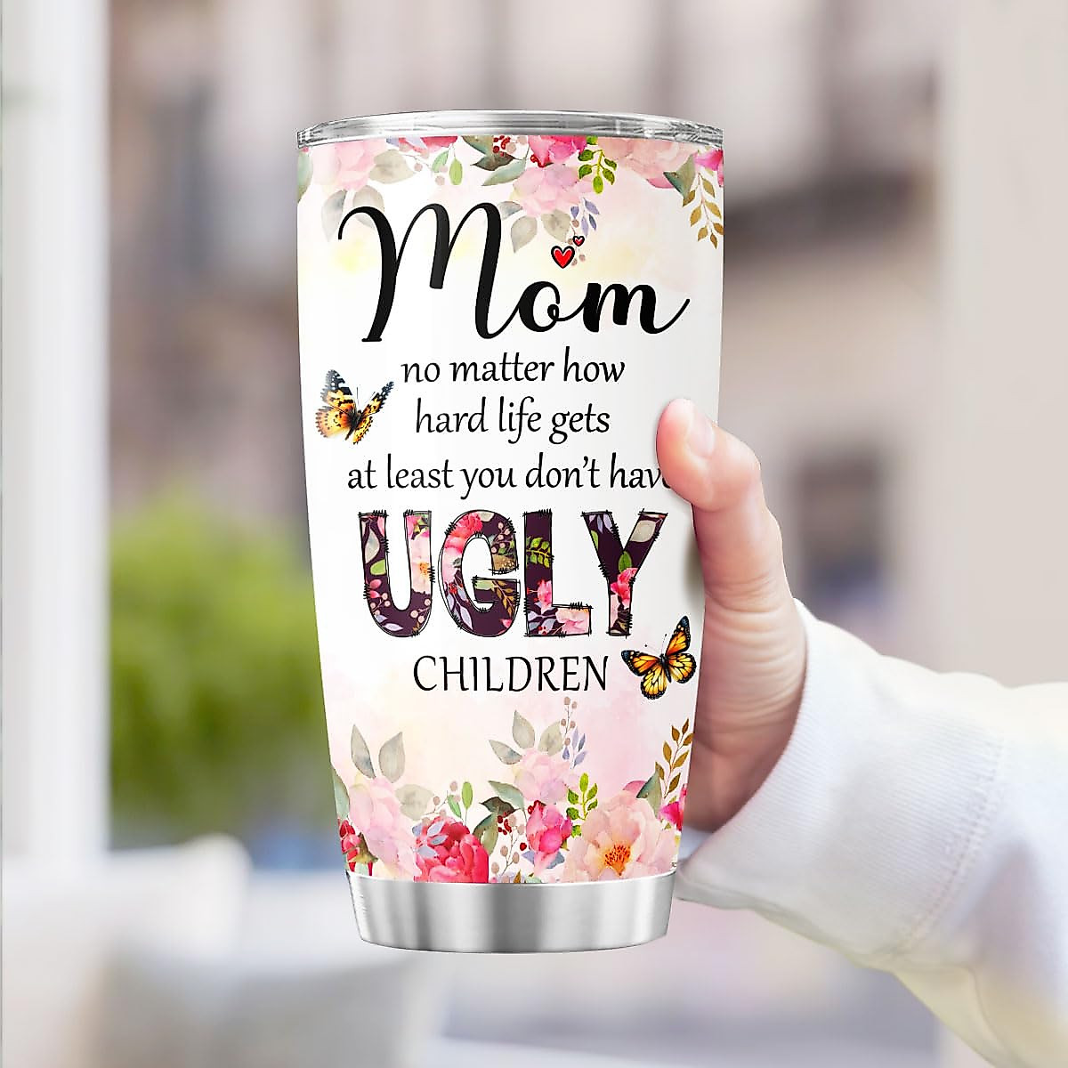 JENOIS Mom Ugly Children, Funny Coffee Mothers For Tumblers Mama Mother Insulated Day Cups Women Handle, Tumbler 20 Oz With Lid And Straw, Best Mom Ever Gifts
