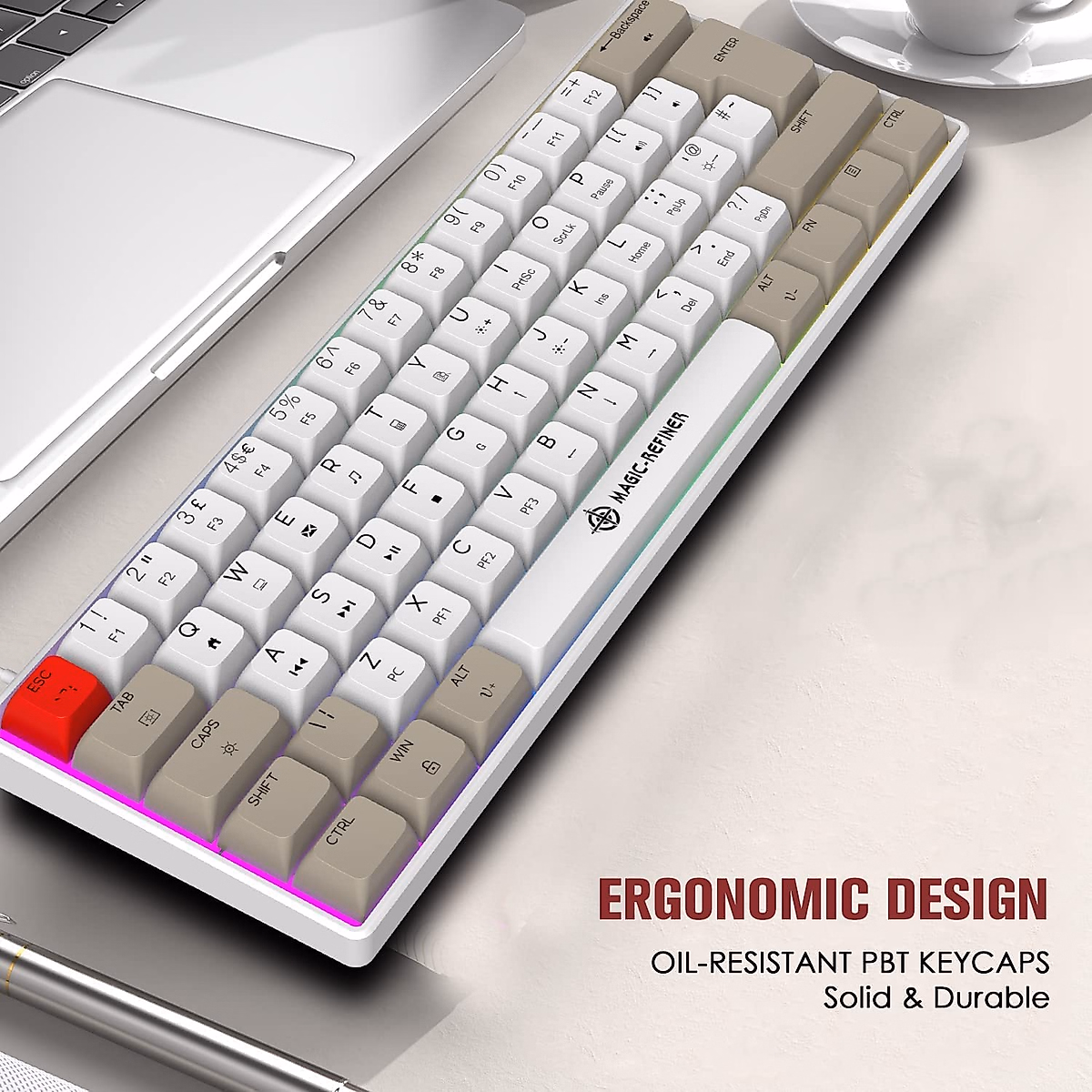 Mini Mechanical Gaming Keyboard Type-c Wired with PBT Dye-subbed Keycaps Rainbow RGB Backlit 60%Layout Full Anti-Ghosting 62 Key Ergonomic for Typist Laptop PC Mac Gamer (White Main/Red Switch)